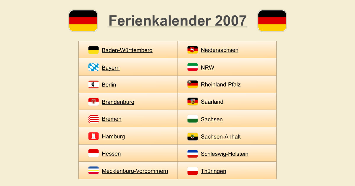 Ferienkalender 2007 - (Termine & Übersicht)