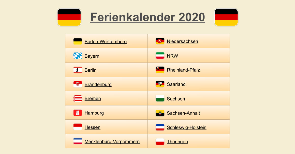 Ferienkalender 2020 - (Termine & Übersicht)