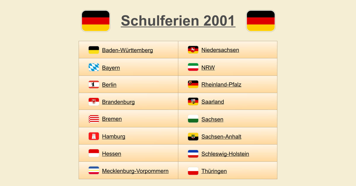 Schulferien 2001 (Termine & Übersicht)
